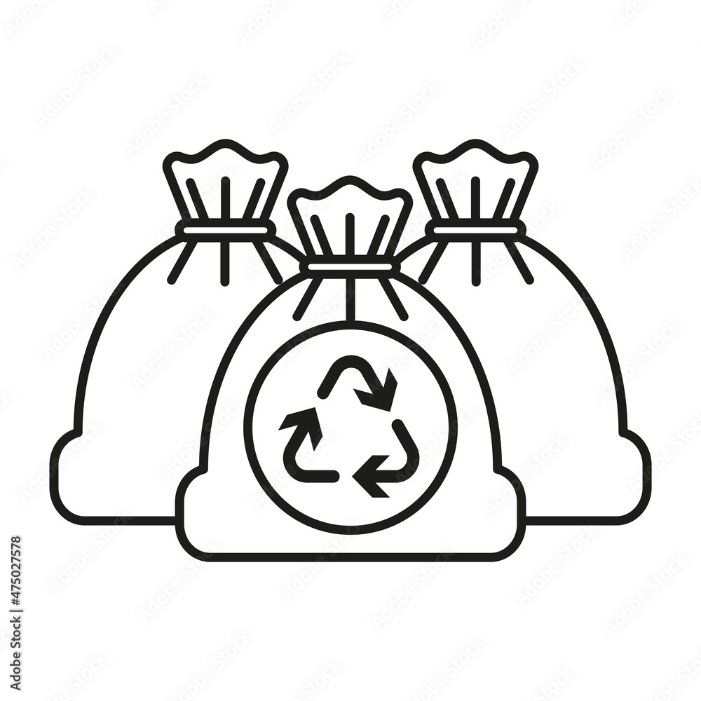 Three trash bags with triangular waste recycling symbol. Simple outline ...