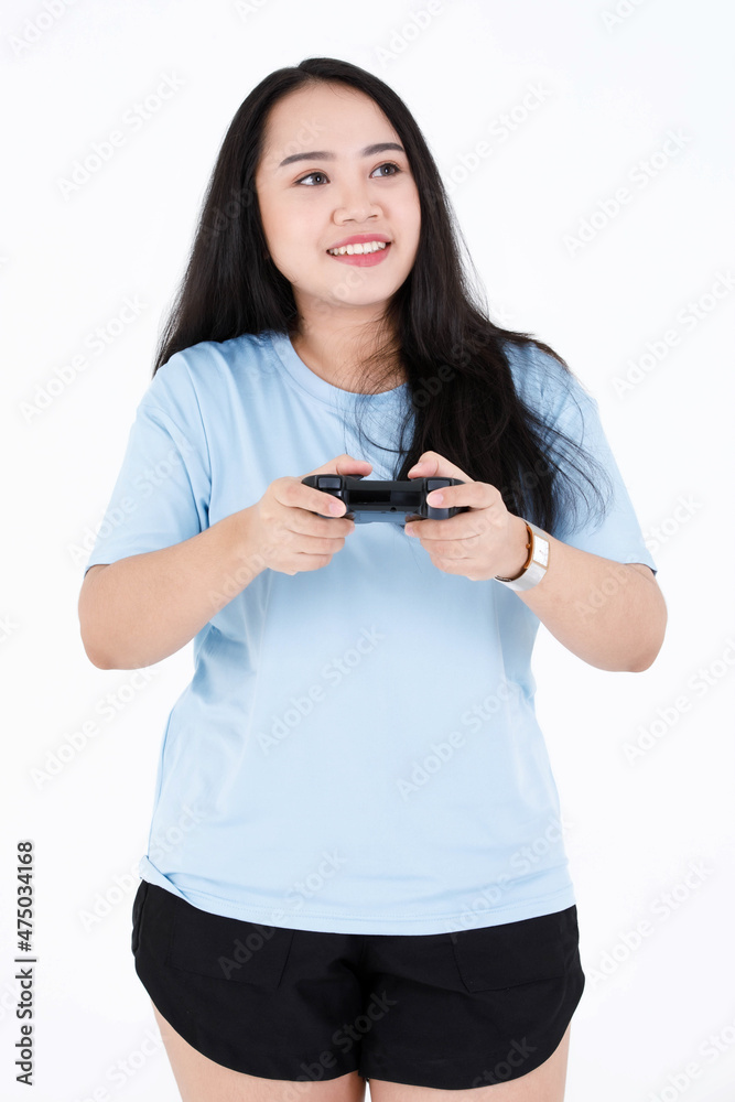 Portrait studio shot of Asian chubby plump healthy long black hair ...