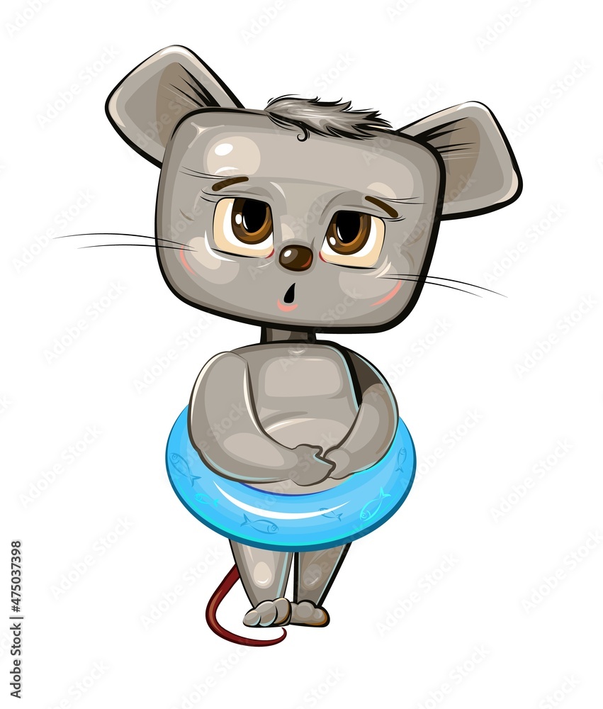 Funny Mouse got ready to swim in an inflatable ring. Funny comic baby ...