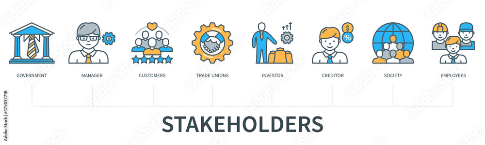 Stakeholders concept with icons. Government, manager, customers, trade ...