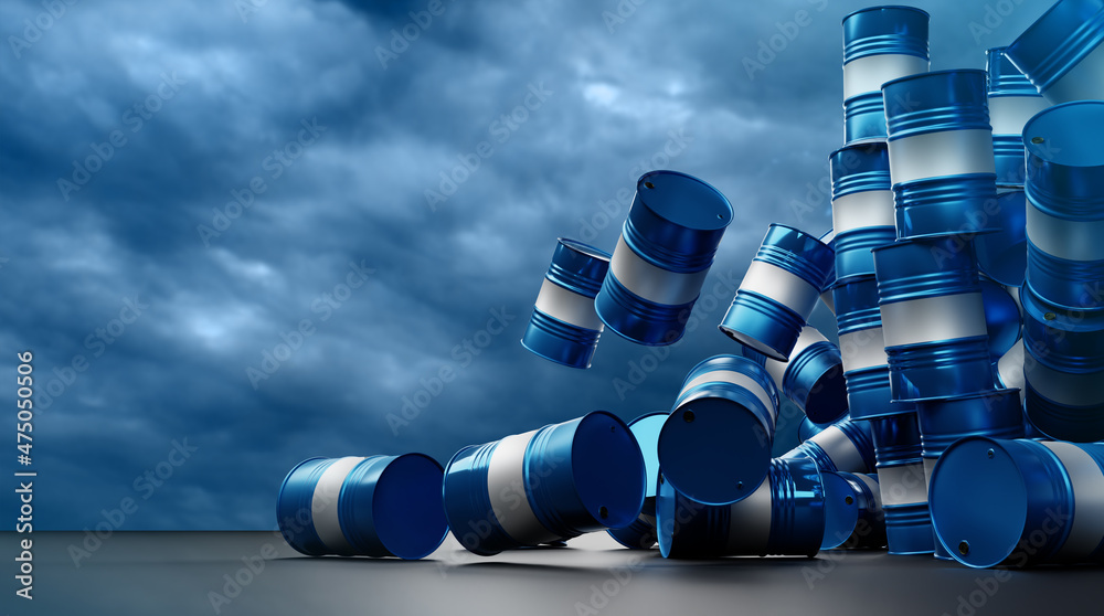 Blue background with chemical barrels. Oil barrels are falling. Barrels ...
