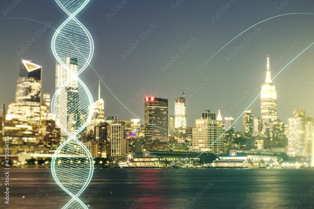 Virtual DNA symbol illustration on New York city skyline background ...