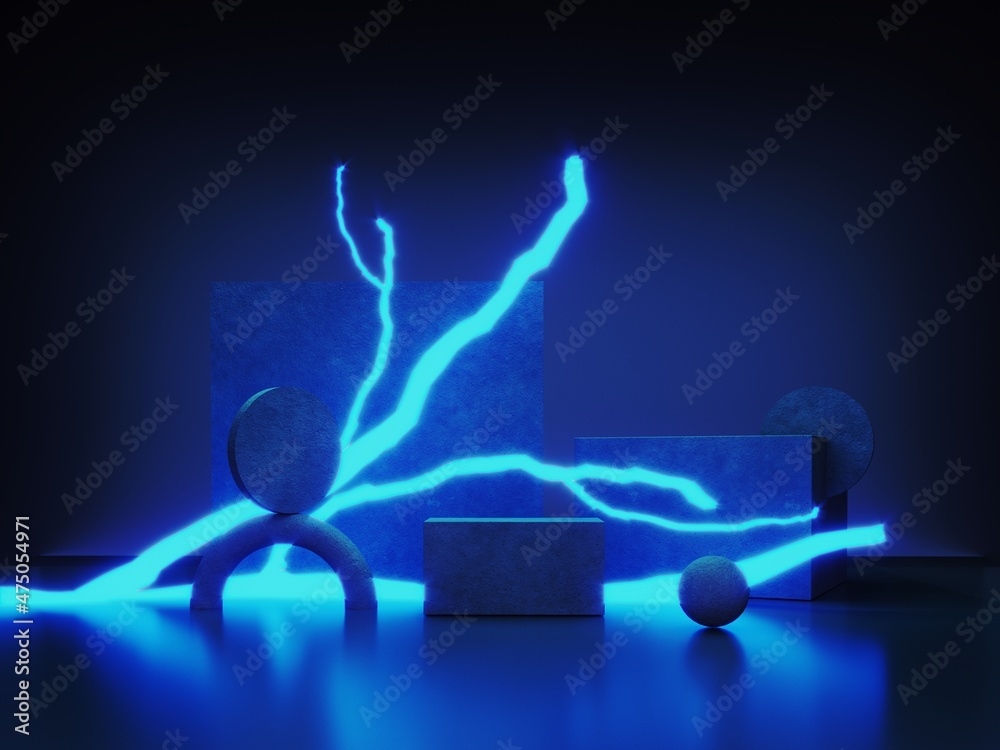 Abstract neon background with glowing geometric shapes, objects and ...