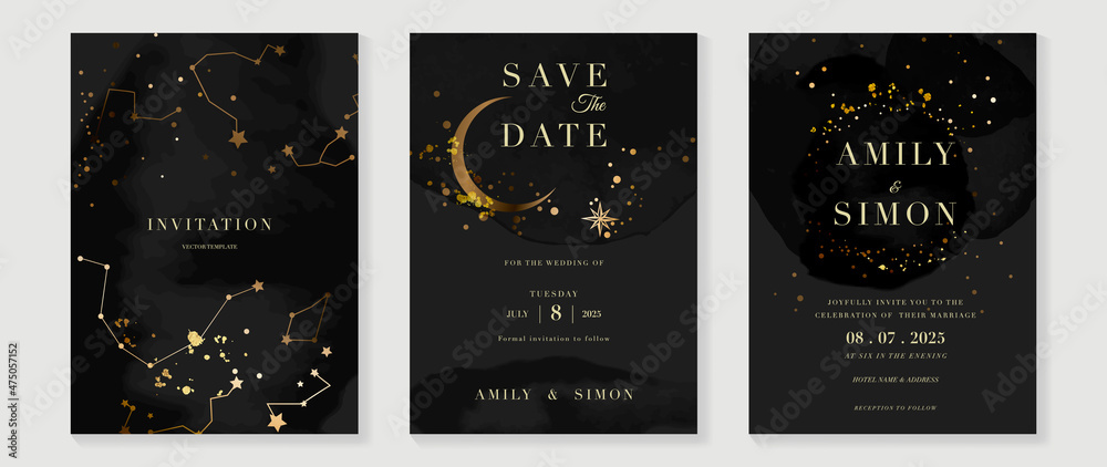 Wedding invitation Card template with star and moon themed . Gold and ...