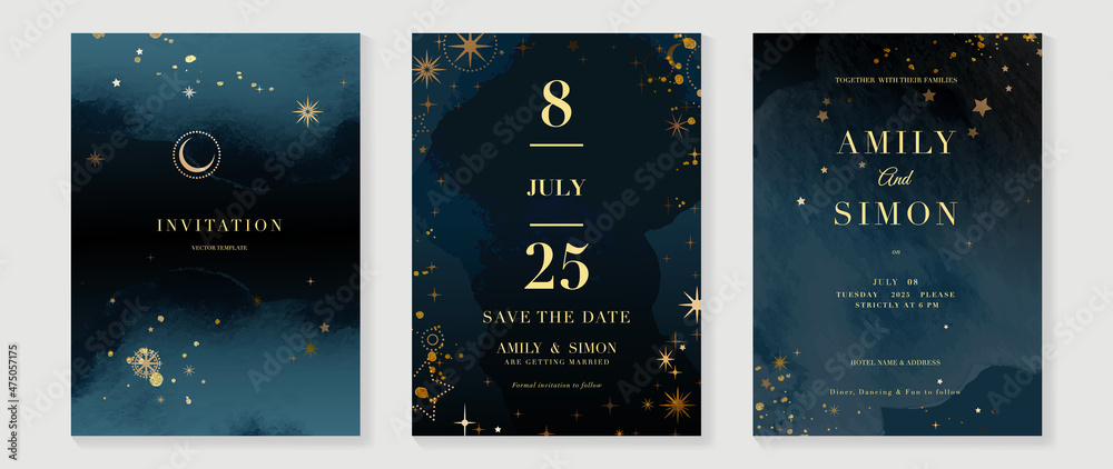 Wedding invitation Card template with star and moon themed . Gold and ...