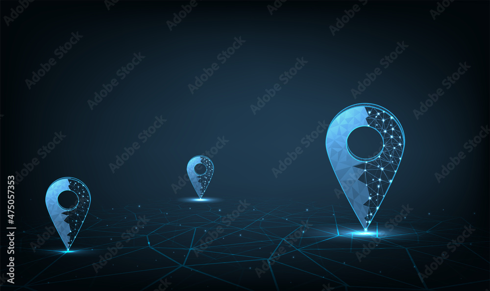 Light Blue GPS pin composed of polygon.Traveling digital concept ...