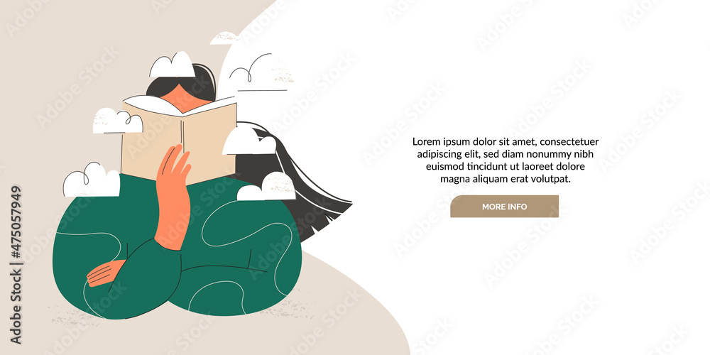 International Literacy Day greeting card with woman reading open book ...