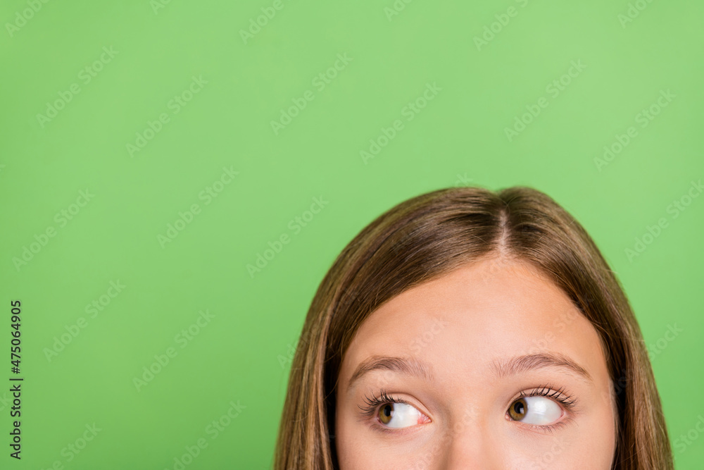 Cropped photo of young lady look empty space preposition wonder advert ...