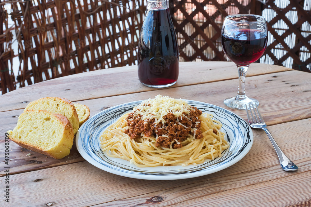 spaghetti with minced meat, makaronada me kima in Greece Stock Photo | Adobe Stock