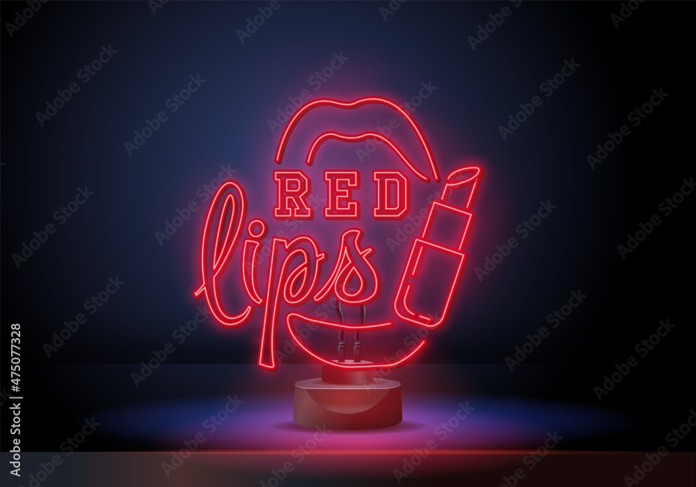 Open mouth with red female lips and tongue. Neon sign KISS LIPS, bright ...