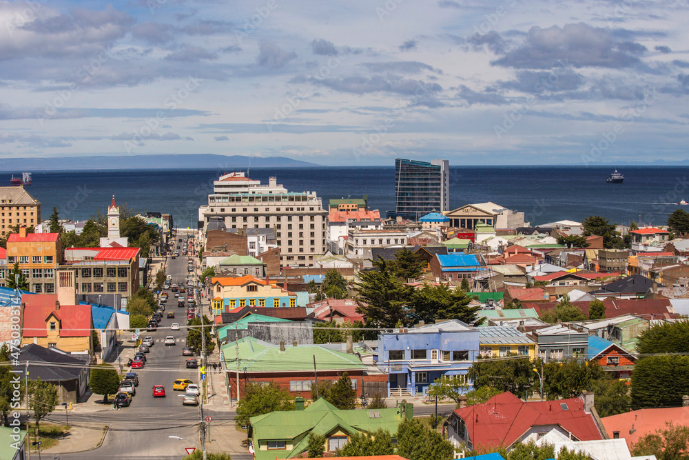 Aerial view of the Punta Arenas town with Strait of Magellan on ...