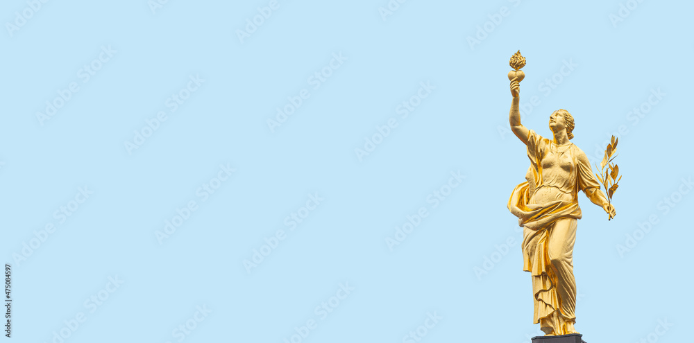 Banner with a golden statue of Greek goddess of peace Eirene, Pax, with ...