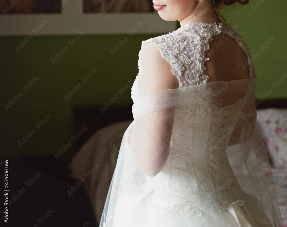 Pretty young Bride. Photo without face. Boudoir morning of the bride ...