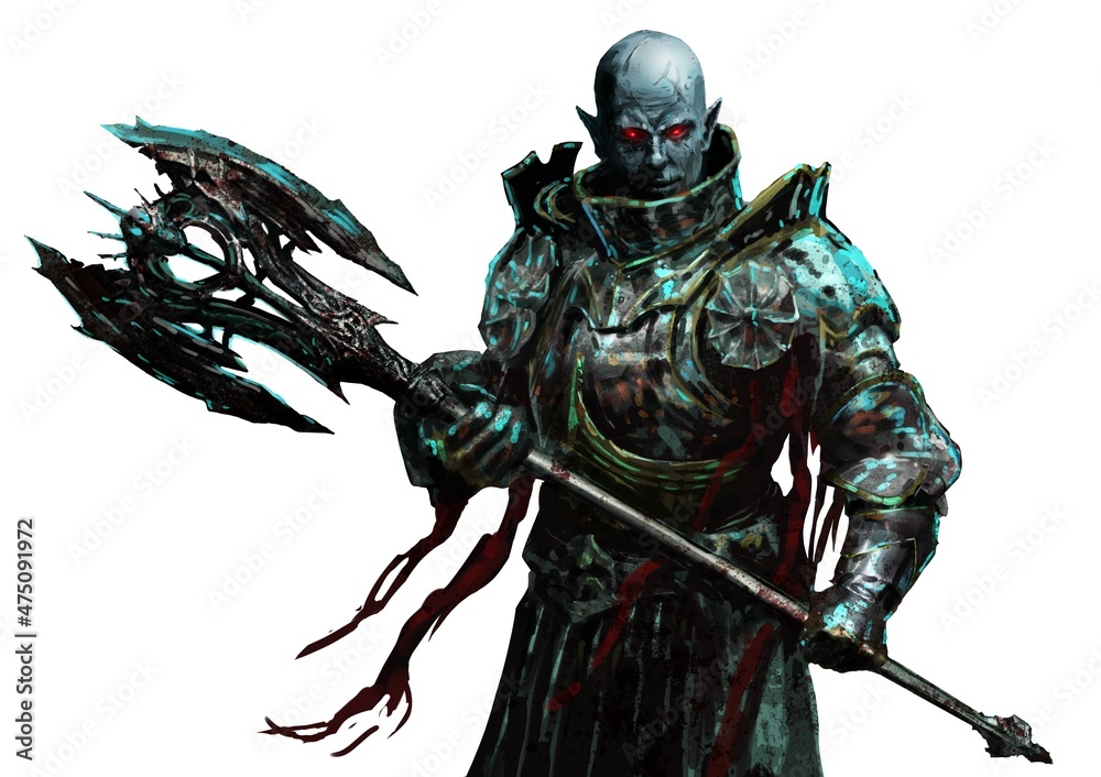 A bald creepy vampire count with a two-handed double-edged axe in his ...