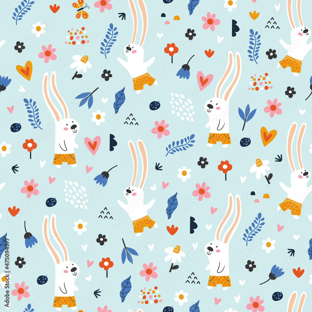 Seamless childish pattern with cartoon bunny and forest elements ...