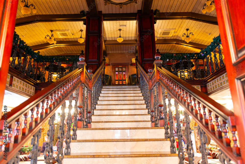 Front staircase in an expensive restaurant. Luxurious interior of ...