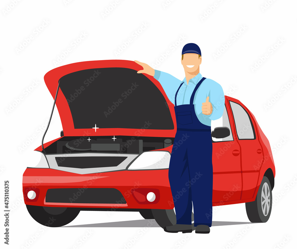 Smiling auto mechanic stands next to the car with the hood open ...