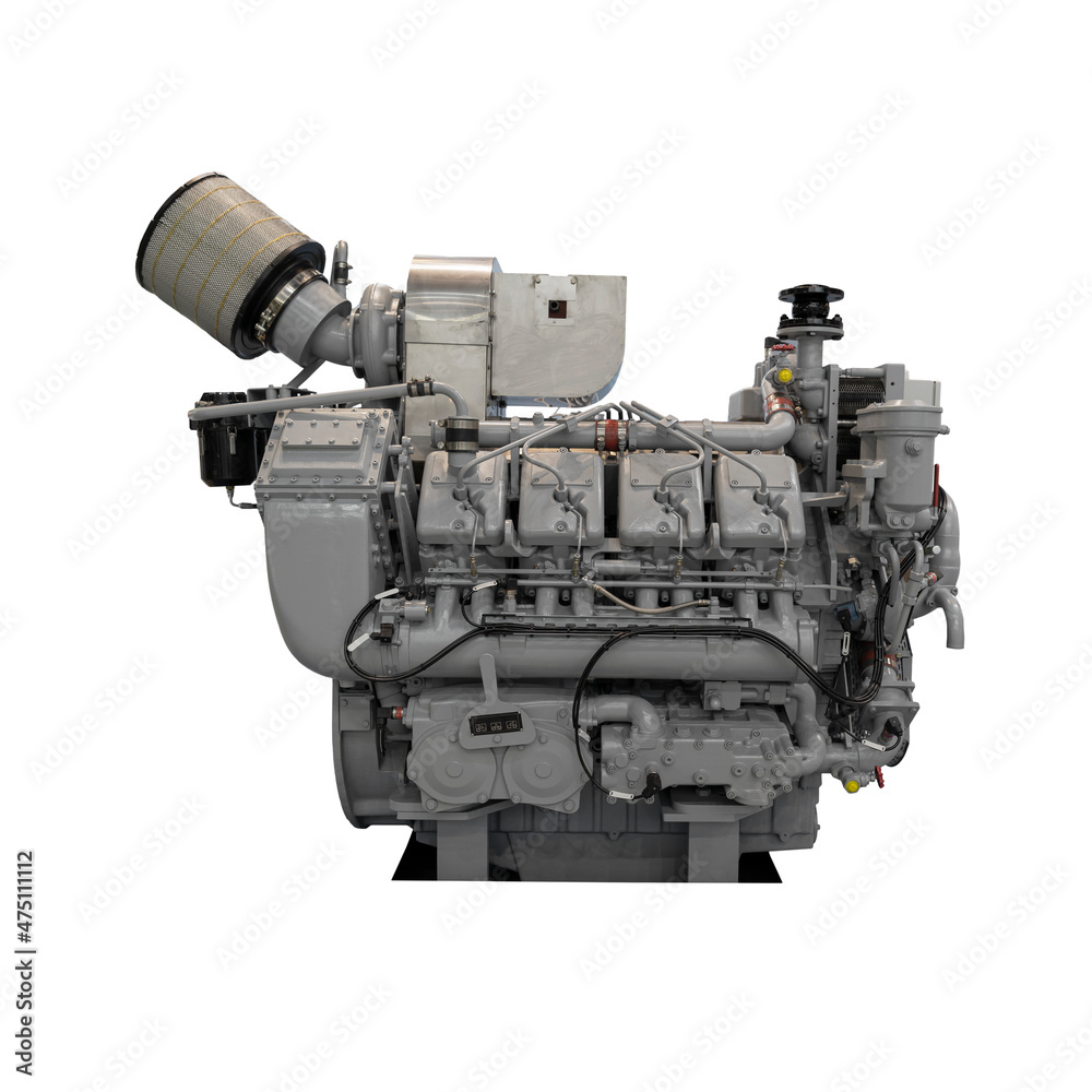 Ship engine isolated on white background. Modern diesel engine used on ...