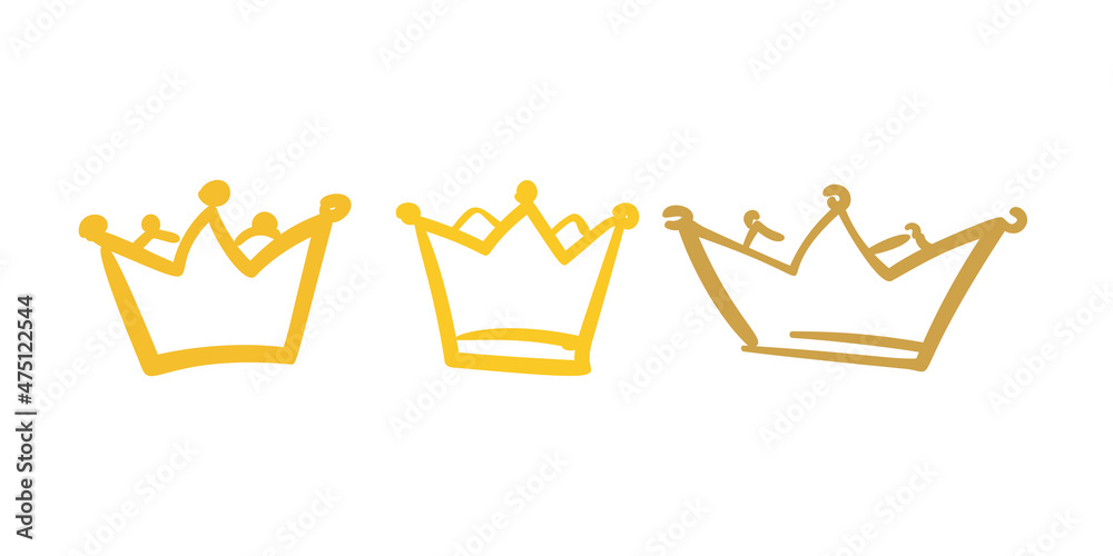Golden crowns doodle set isolated simple quirky drawing monarchy symbol ...