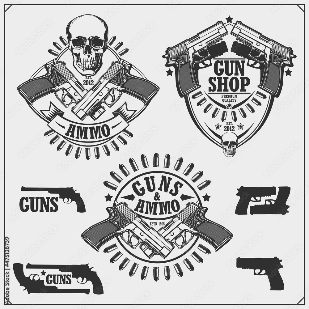 Collection of Gun emblems, labels and design elements. Revolvers, ammo ...
