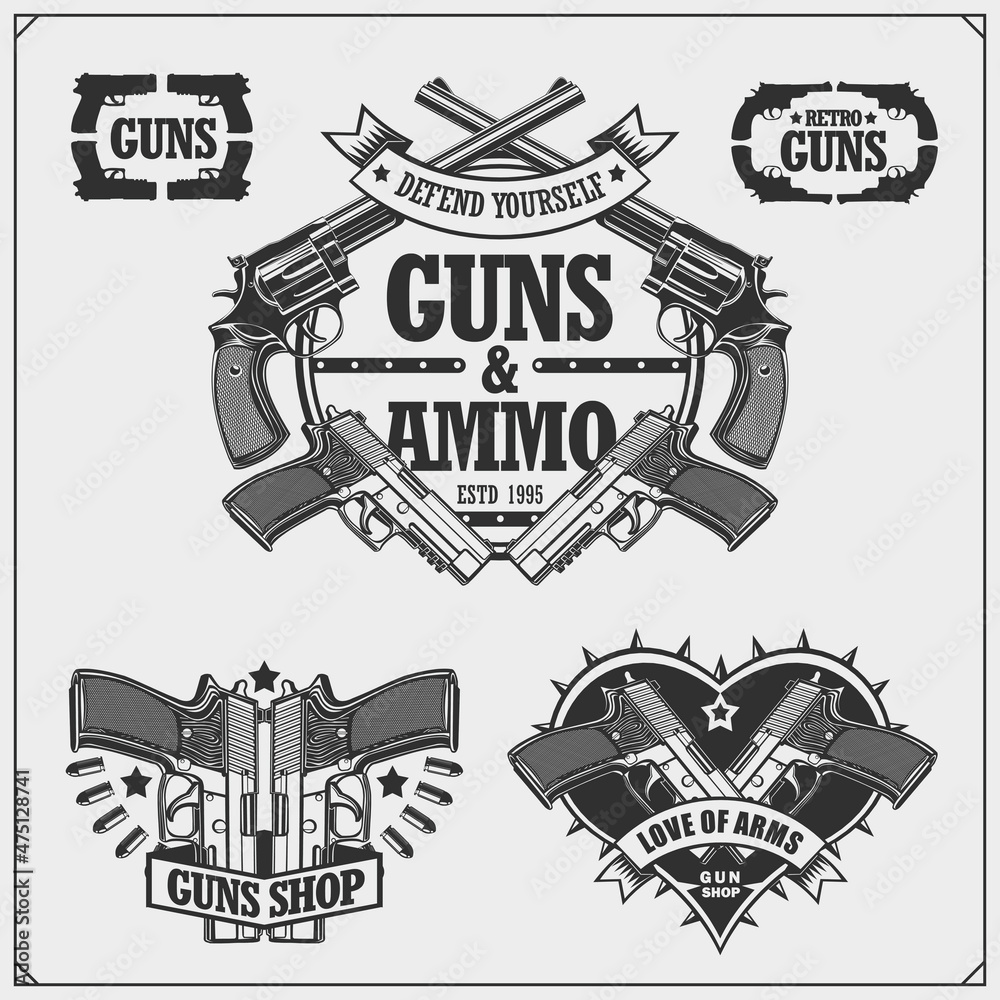 Collection of Gun emblems, labels and design elements. Revolvers, ammo ...