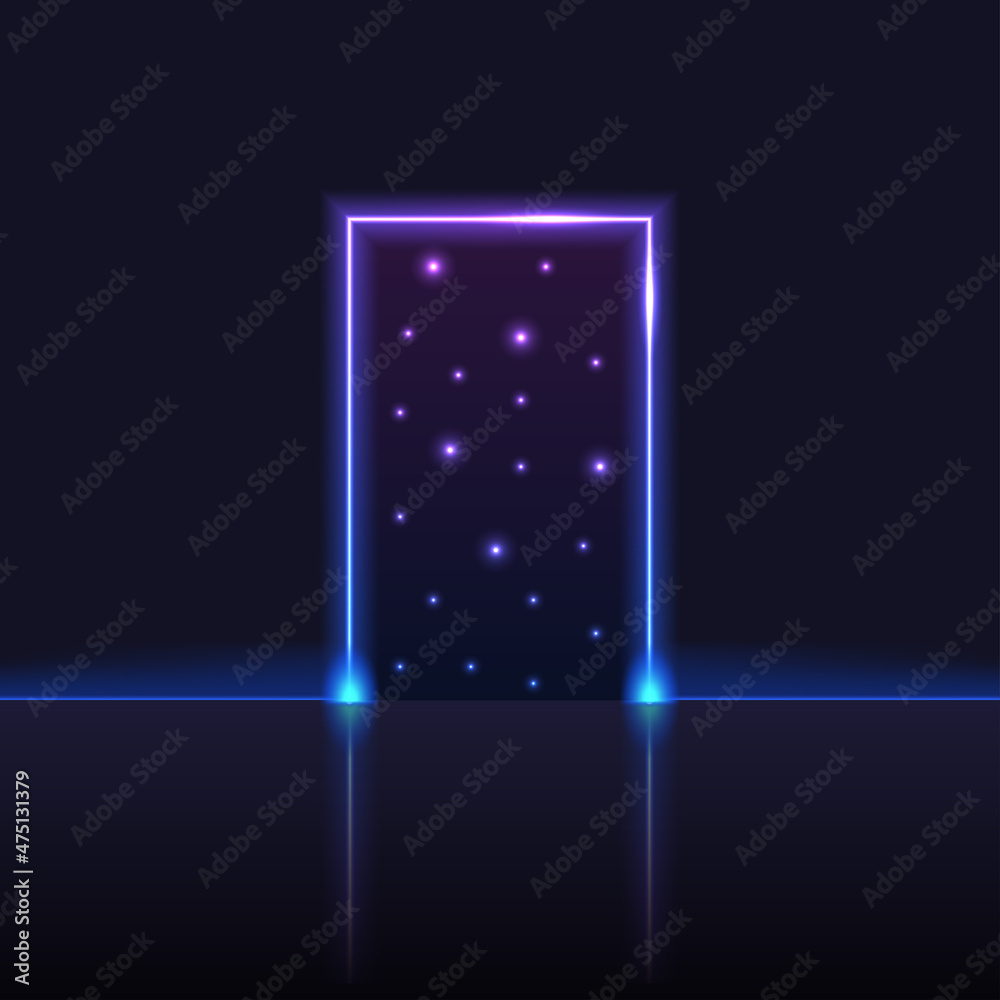 Neon gate or portal to galaxy space. Purple and blue frame with glowing ...