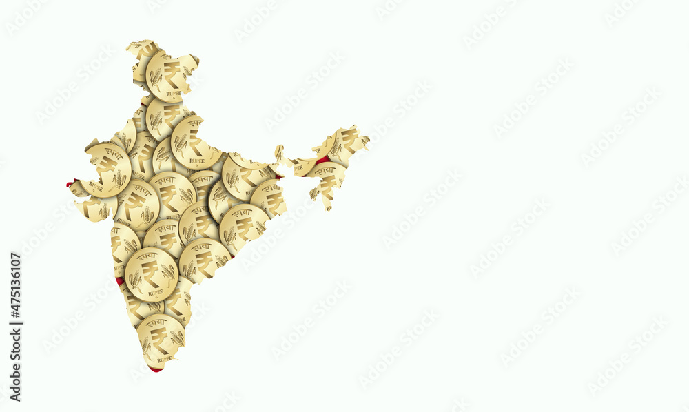 Indian map filled with golden rupee coins. isolated on white ...