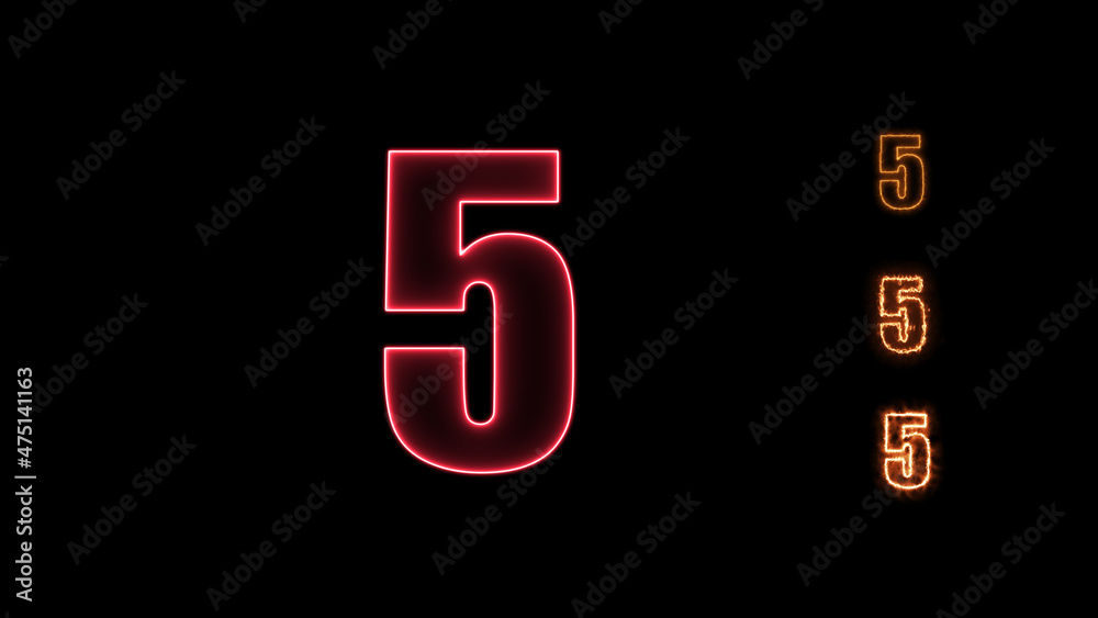 Neon numbers five glowing on an alpha channel background. number 5 ...