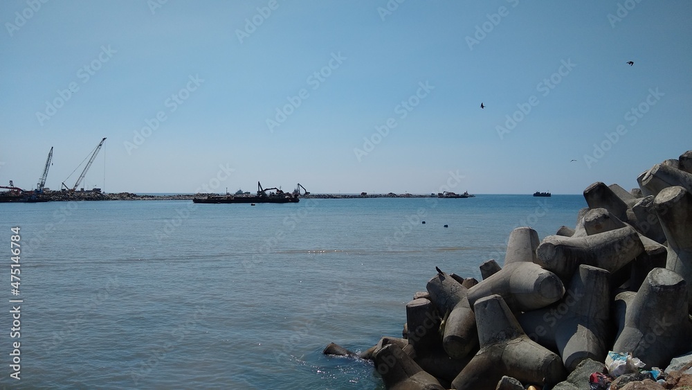 Vizhinjam sea port, Thiruvananthapuram, Kerala, seascape view, blue sky ...