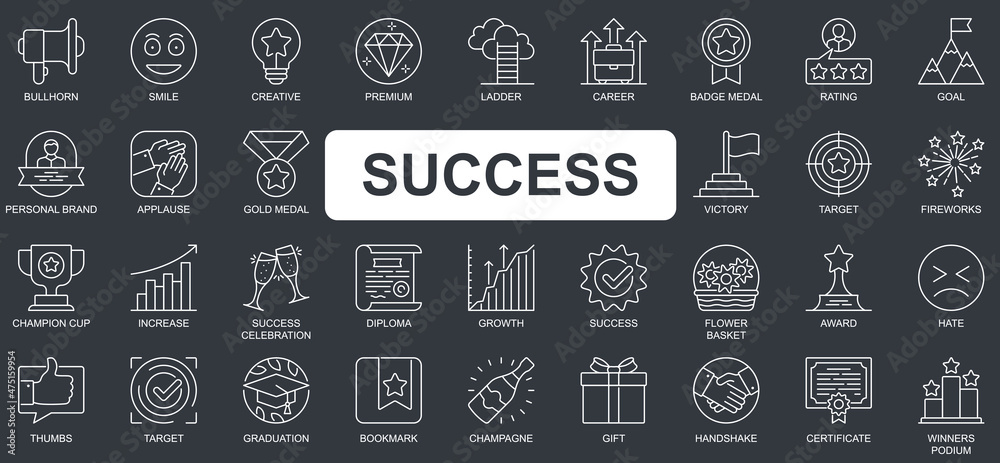 Success concept simple line icons set. Bundle of creative, premium ...
