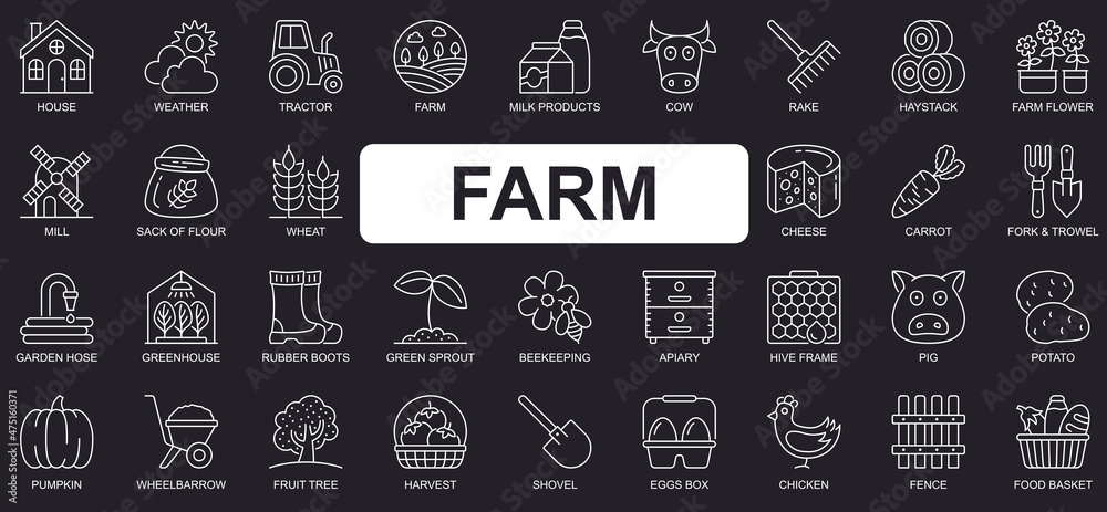 Farm concept simple line icons set. Bundle of house, tractor, milk ...