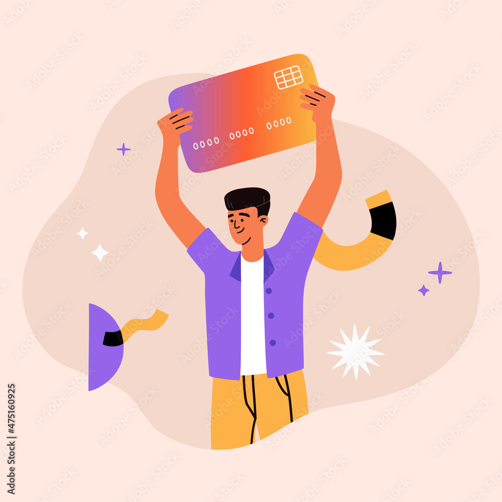 Young man holds a big credit card. Modern client of bank. Personal ...