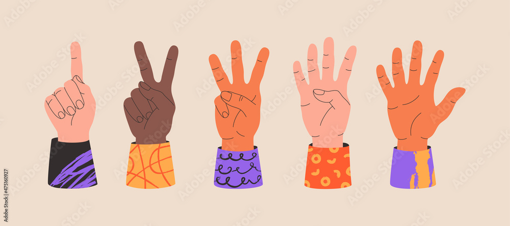 Set of gestures human hands various races, showing fingers to count ...
