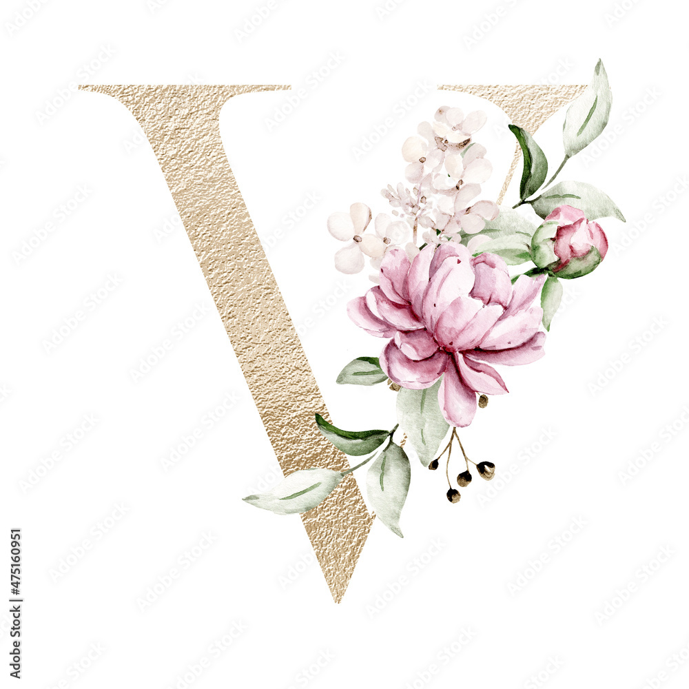 Alphabet, gold letter v with watercolor flowers and leaf. Golden ...