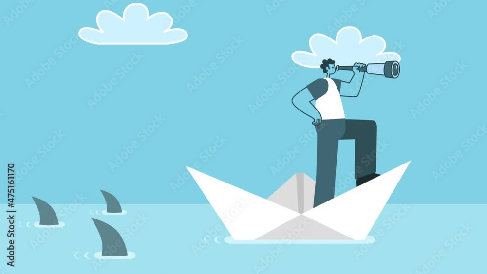 Cartoon man looking through a telescope and sailing away on paper boat ...