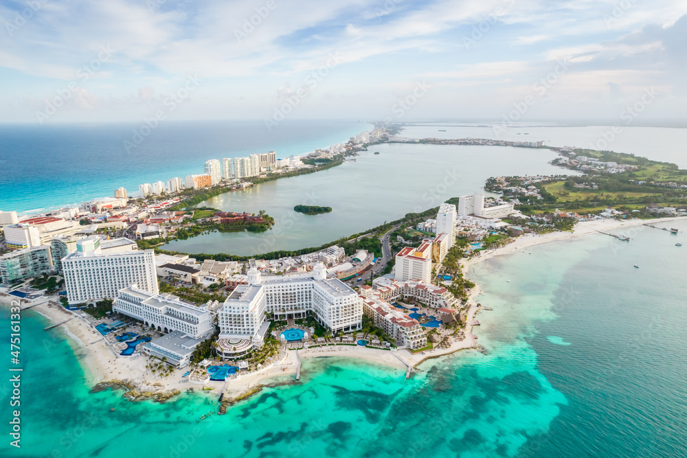 Aerial panoramic view of Cancun beach and city hotel zone in Mexico ...