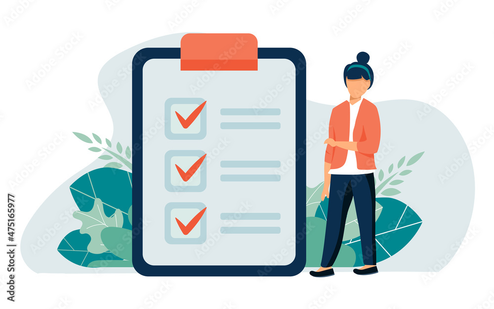 Tiny businesswoman checking completed tasks on clipboard flat vector ...