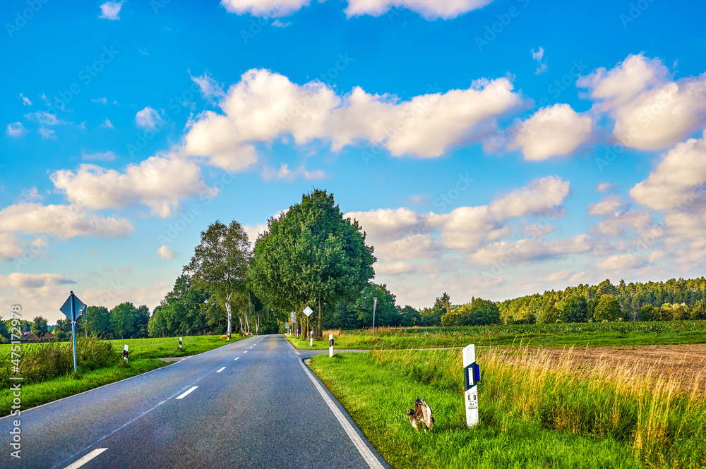 Sunny landscape with blue sky and clouds in Germany, through which a ...