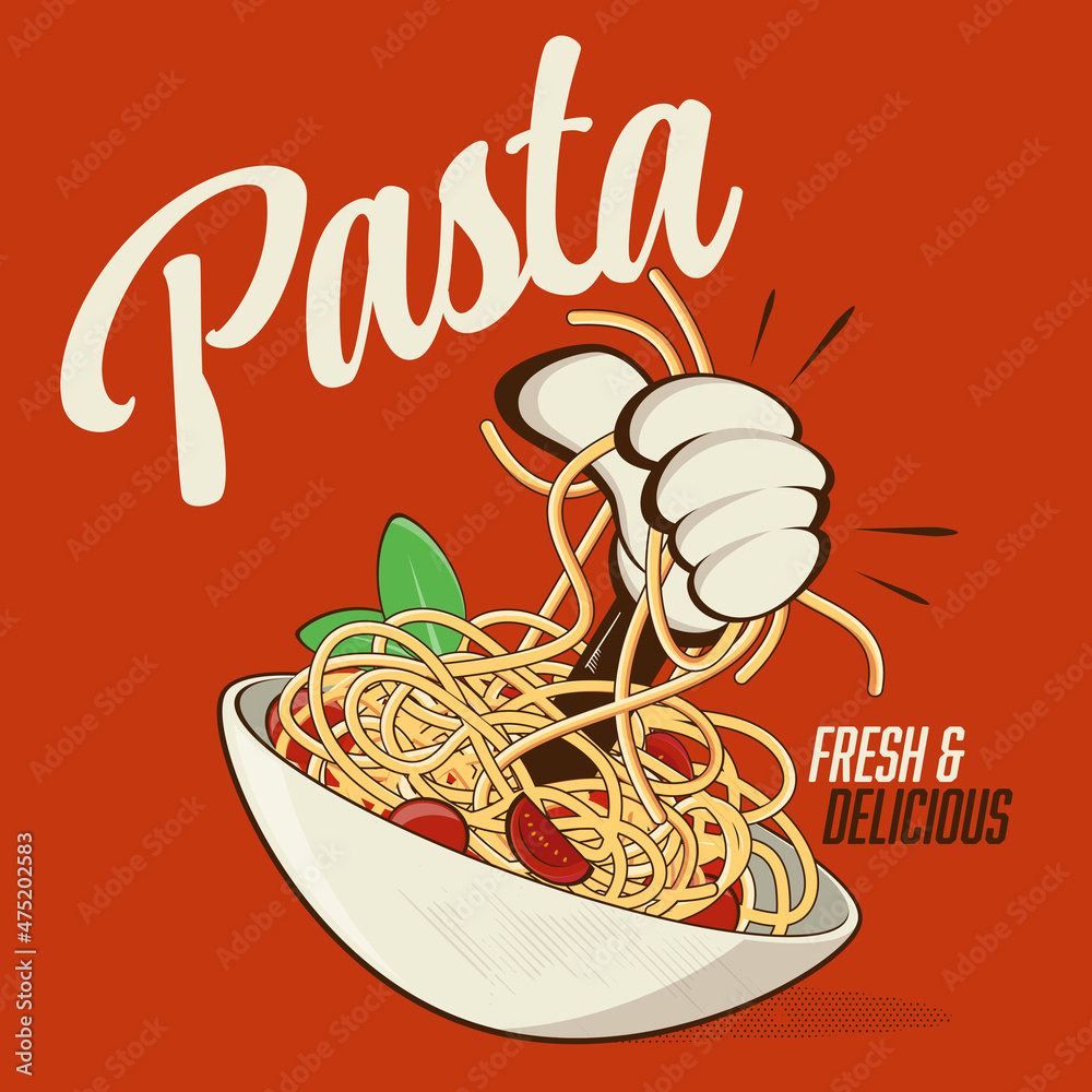 funny vector illustration of italian pasta with cartoon hand coming out ...