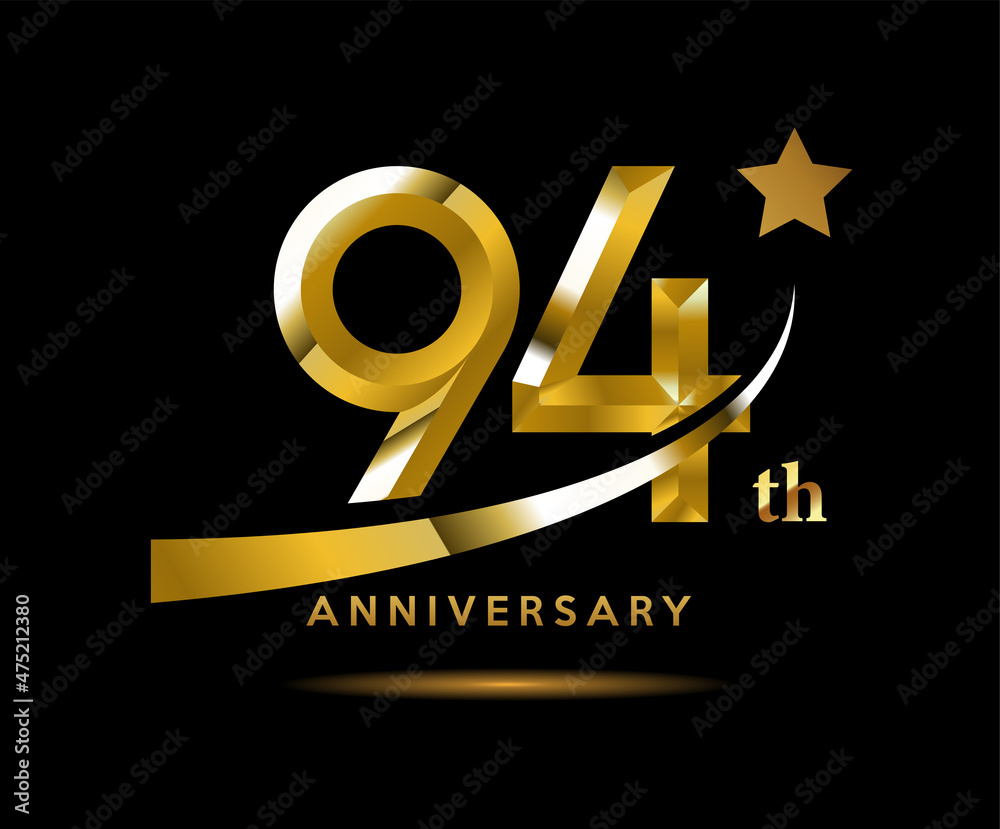 Golden 94 year anniversary celebration logo design with star symbol ...