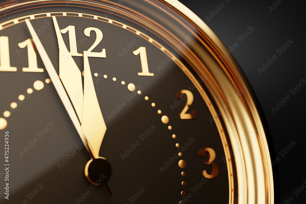 3d illustration close up of antique golden round clock on black ...