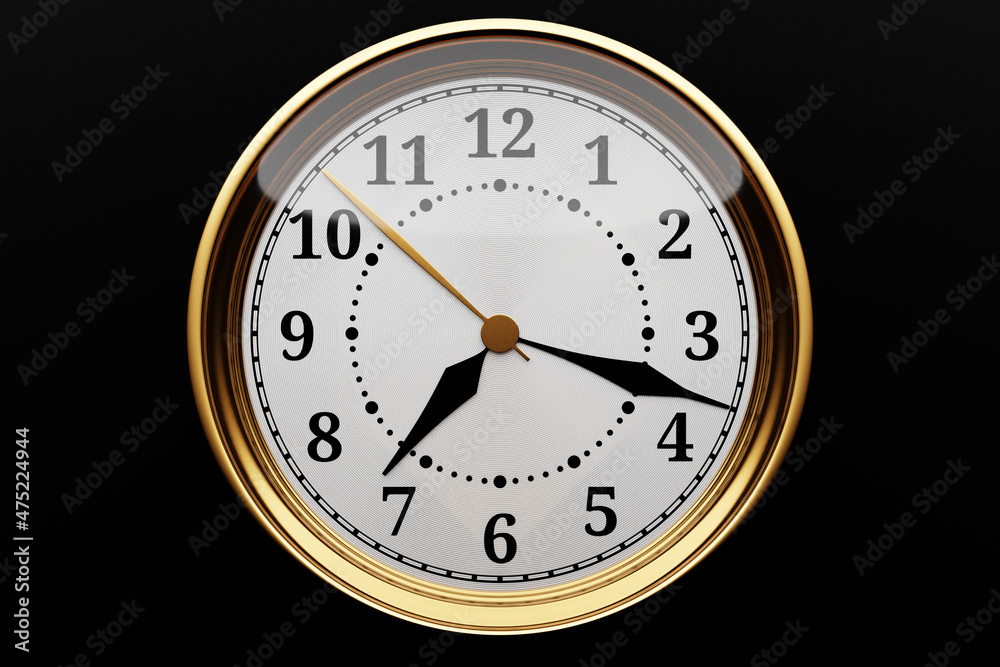 3d illustration of a round gold clock with numbers on black isolated ...