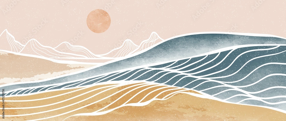 Vetor de Ocean wave and mountain. Creative minimalist modern paint and ...