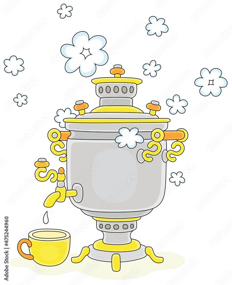 Old samovar with boiling water in clouds of steam for a traditional tea ...
