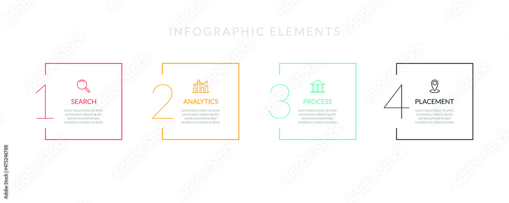 Vector infographic line process for business with 4 square options ...