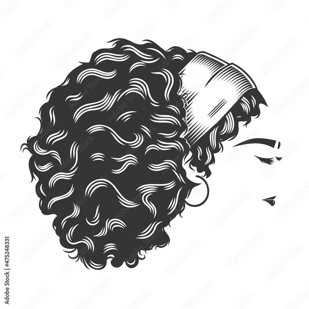 Woman face with Afro Messy Bun vintage hairstyles vector line art ...
