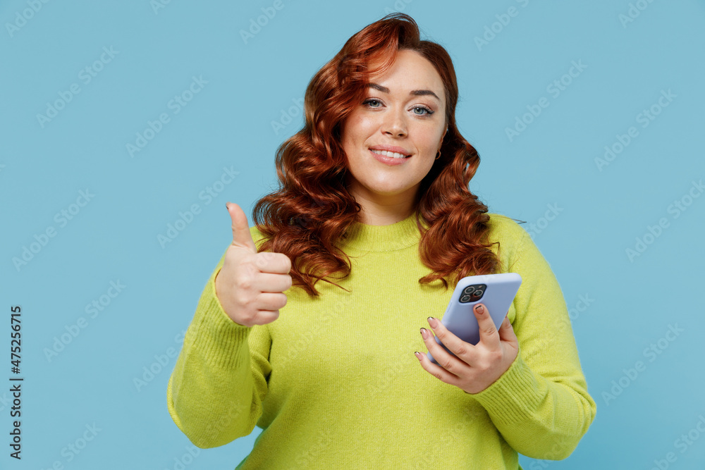 Young happy smiling chubby overweight plus size big fat fit woman in ...