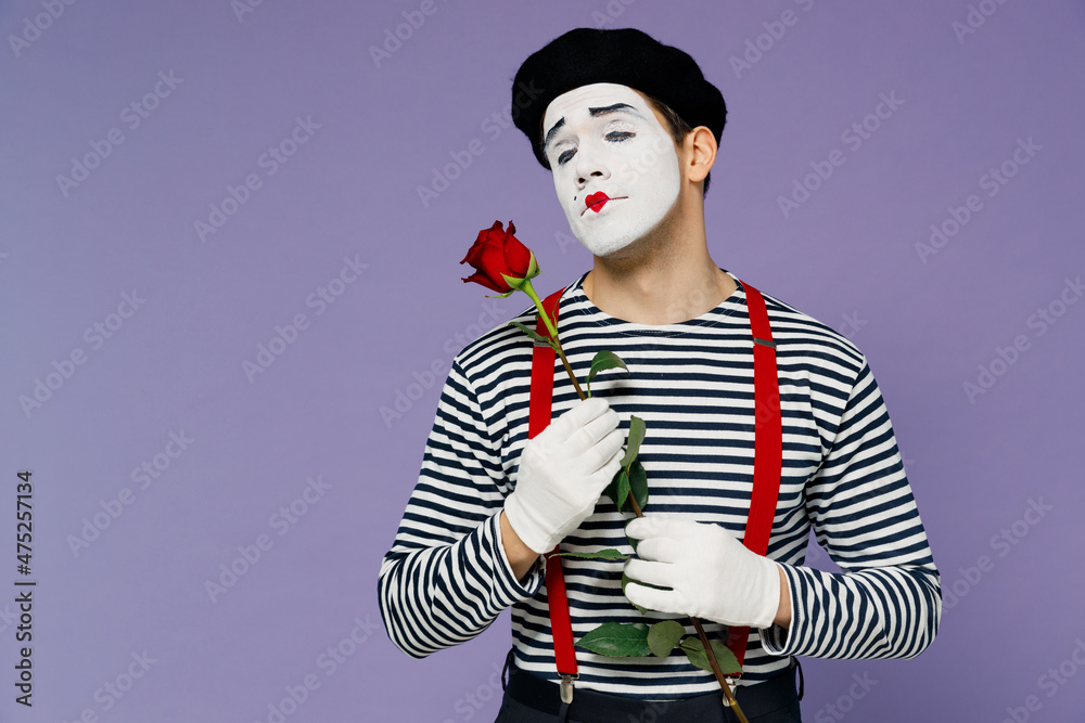 Charismatic amazing romantic young mime man with white face mask wear ...