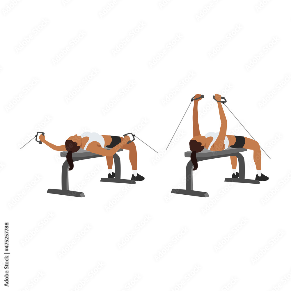 Woman doing Bench cable flies exercise. Flat vector illustration ...