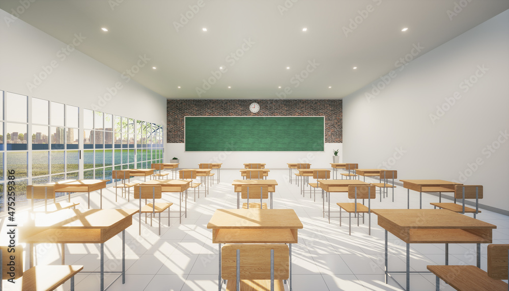 3d rendering of classroom. Interior room consist of tile floor, board ...